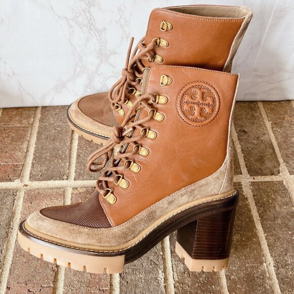 Tory Burch Miller 95 mm Lug Sole Lace Up Fig Heeled Logo Bootie Boot ...